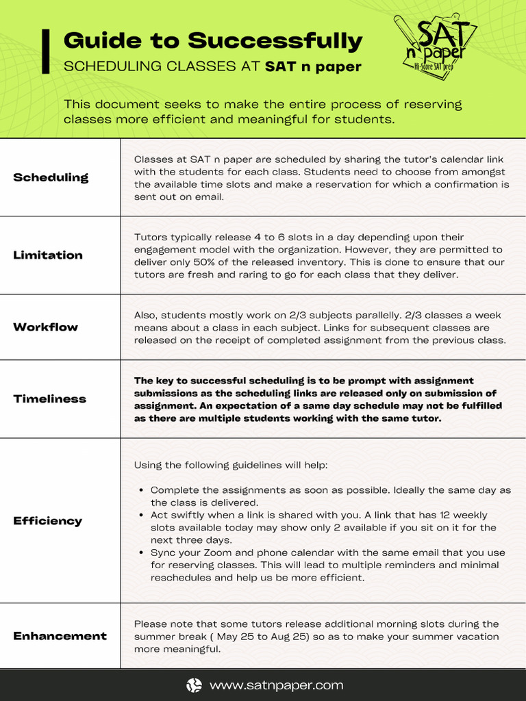 Guide To Successfully Scheduling Classes at SAT N Paper | PDF