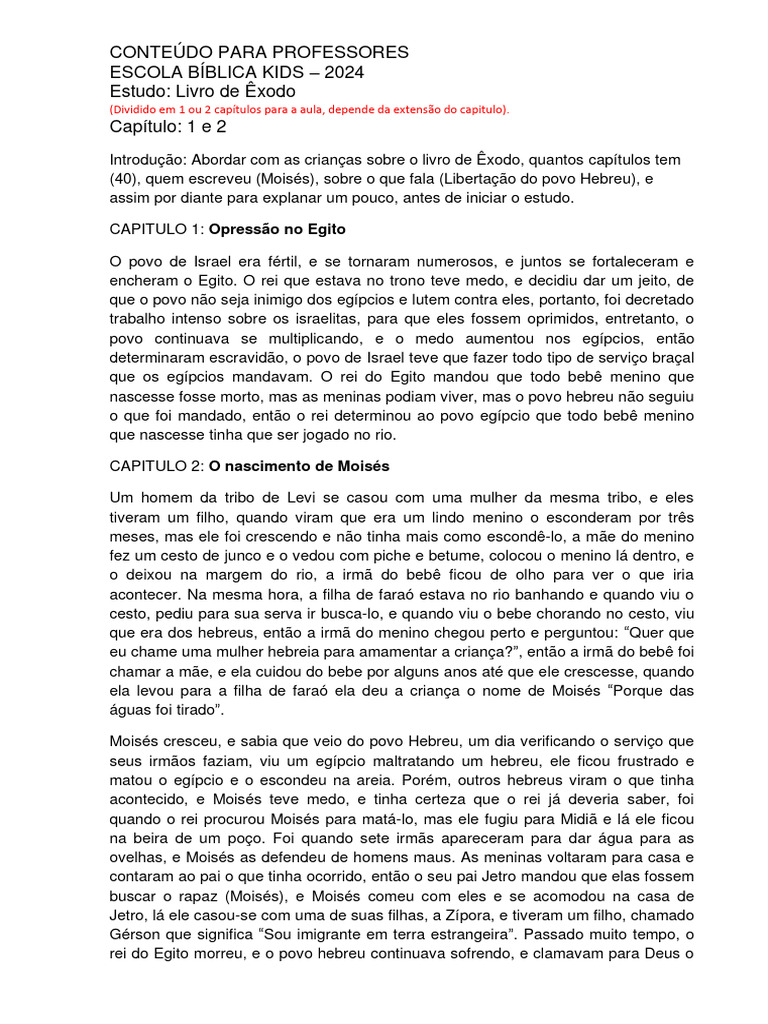 Conteúdo para Professores - Ebk Moisés 1 e 2 | PDF | Moisés | Livro do Êxodo