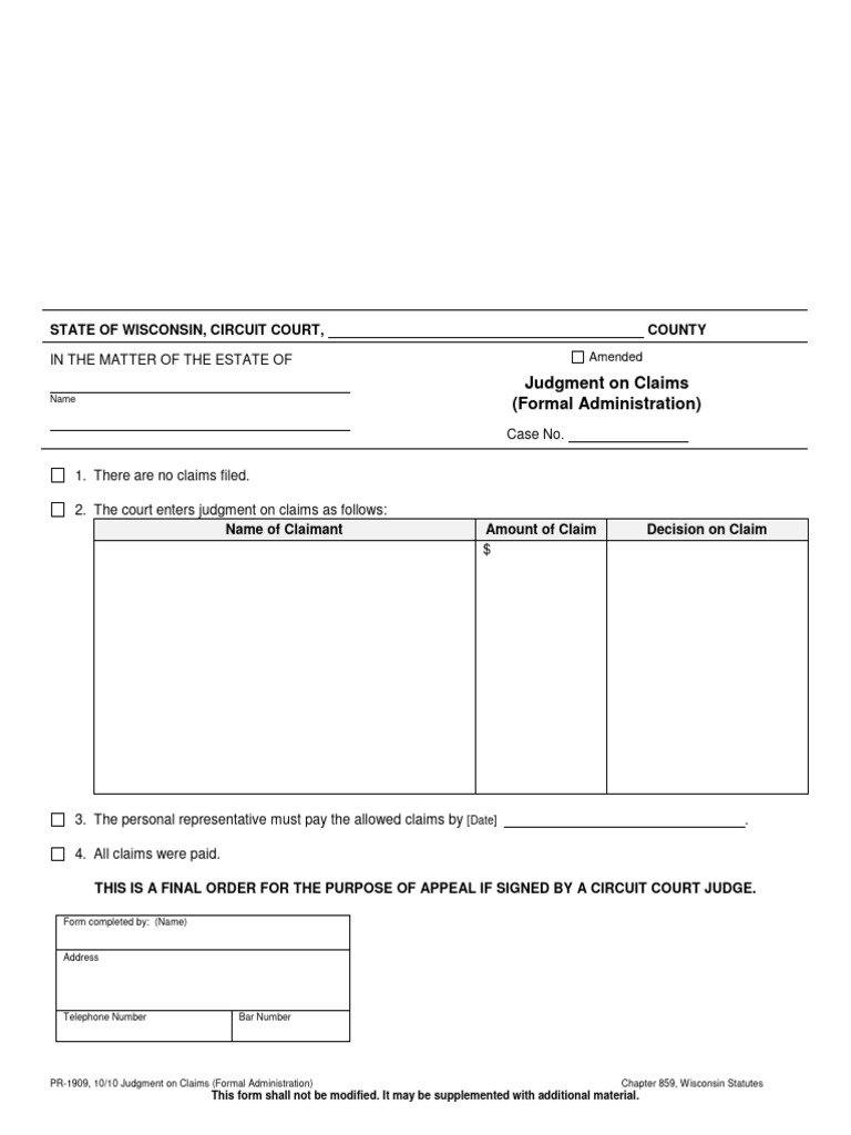 Wisconsin Estate Judgment on Claims Form | PDF
