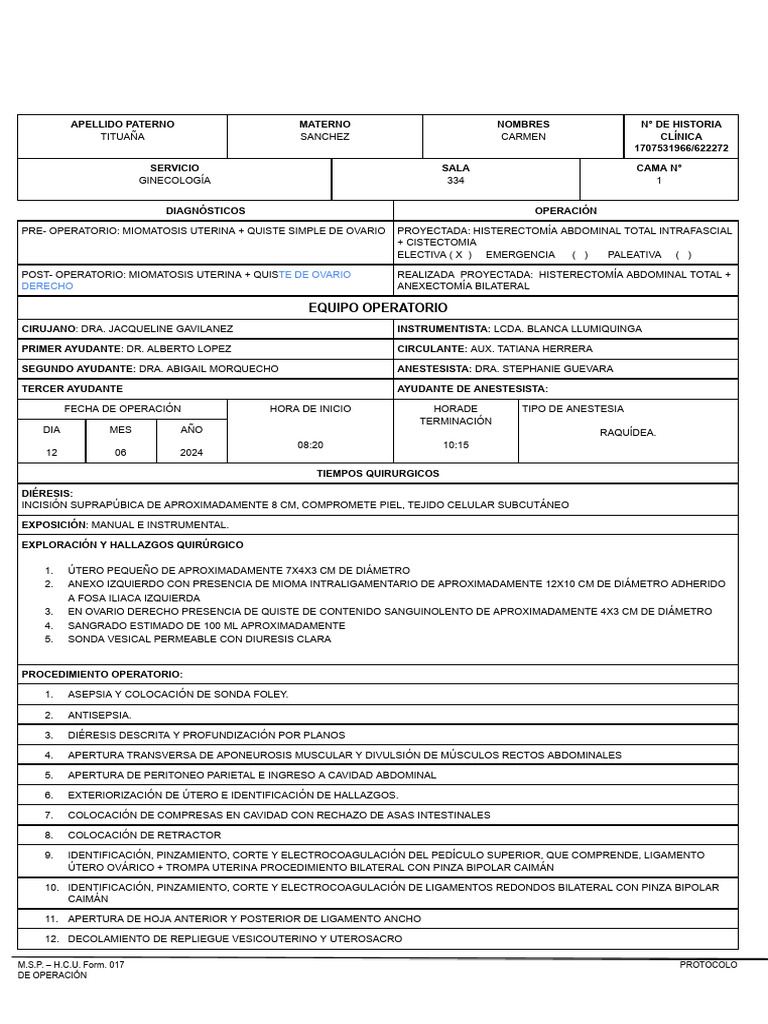 Protocolo Histerectomia + Anexectomia Tituaña Sanchez Camen-1 | PDF ...