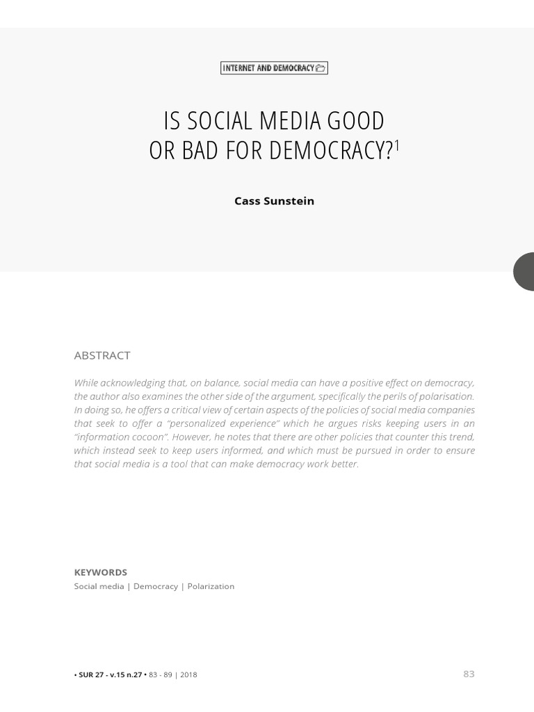 Sunstein, 2018 - Is Social Media Good or Bad For Democracy | PDF ...