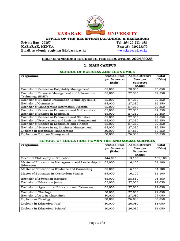 Fee Structure Kabarak University | PDF | Bachelor's Degree | Dietitian