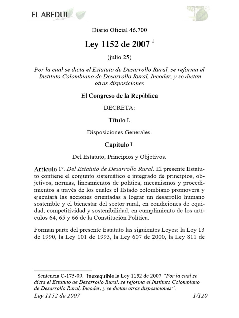 Ley 1152 2007 | PDF | Área rural | Ministerio (Departamento de Gobierno)