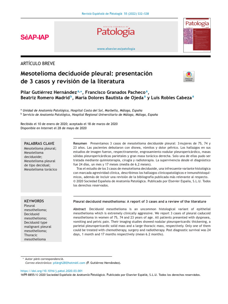 Mesotelioma Deciduoide Pleural Presentaci N de 3 Ca - 2022 - Revista Espa Ola D | PDF | Cáncer ...