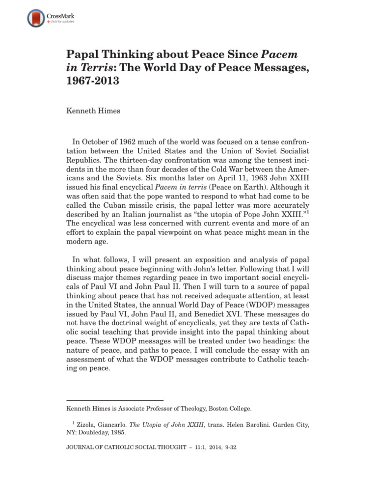 Papal Thinking About Peace Since Pacem in Terris - The World Day of ...
