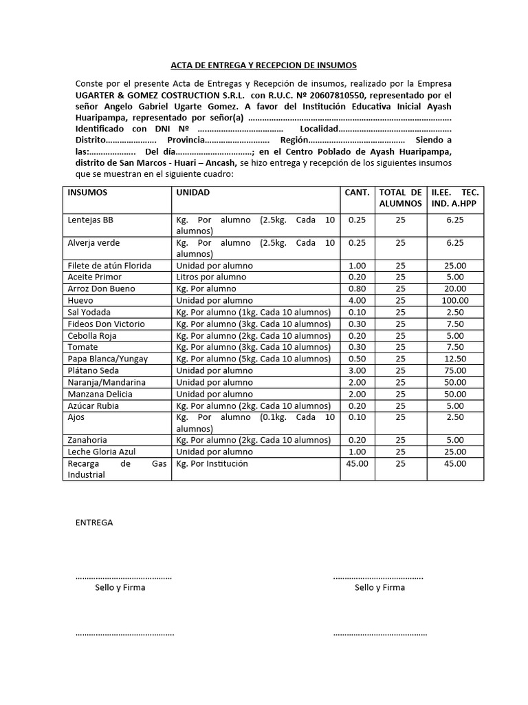 Acta de Entrega y Recepcion de Insumos | PDF