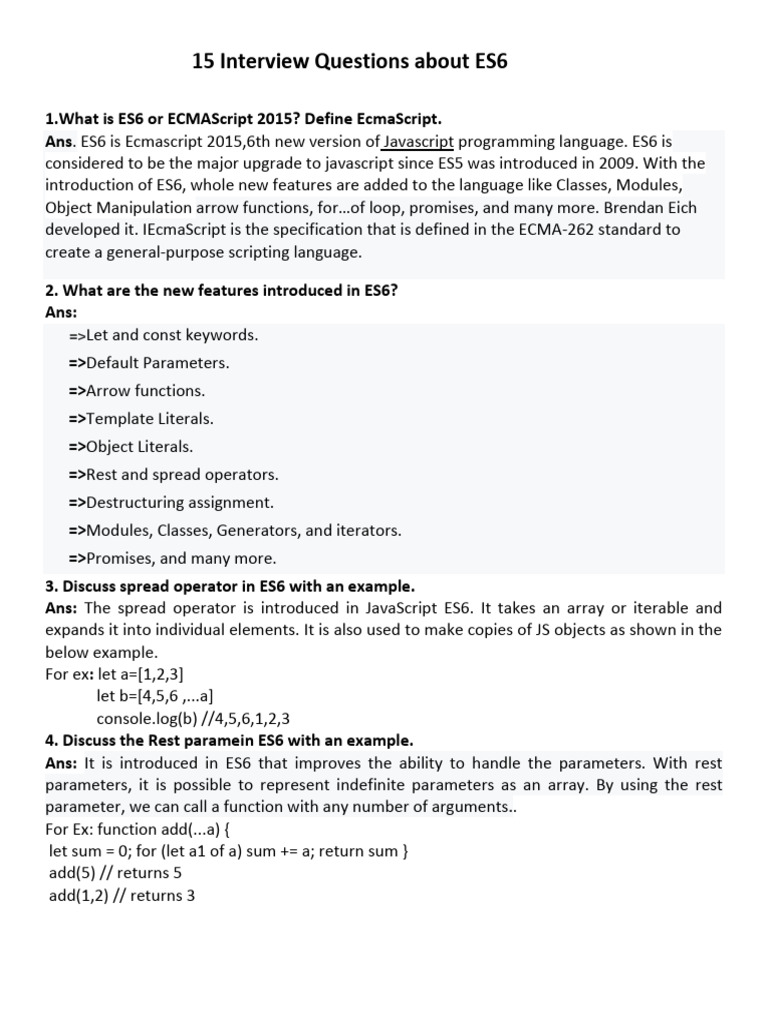 15 Interview Questions About ES6 | PDF | Java Script | Computer Programming