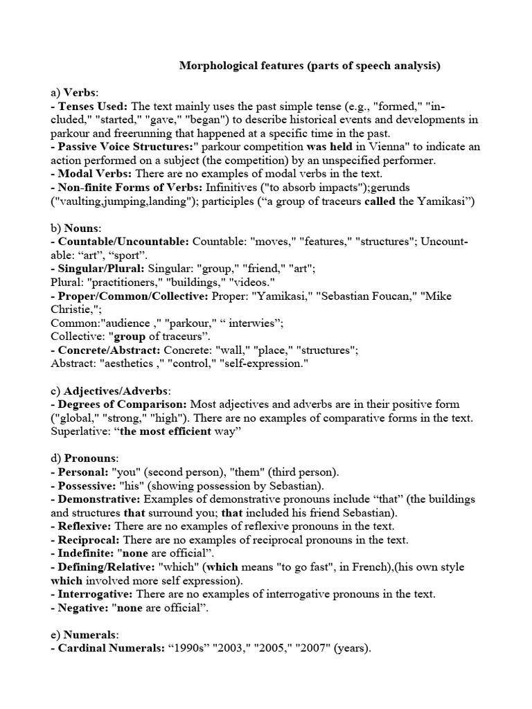 Morphological Features (Parts of Speech Analysis) | PDF | Verb | Pronoun