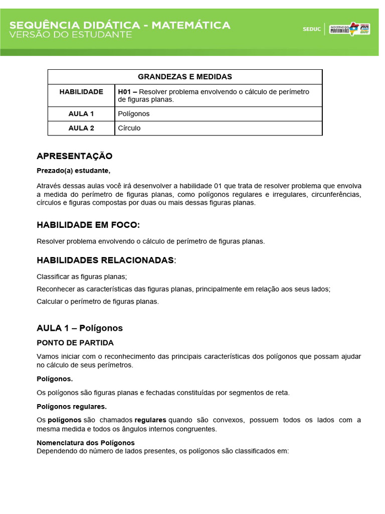 H01 - SD 01 - MTM - Perímetro - Versão Estudante | PDF | Triângulo | Círculo