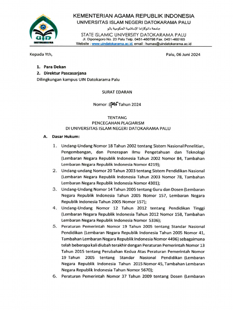 Surat Edaran Plagiarisme 2024 Uin Datokarama Palu | PDF