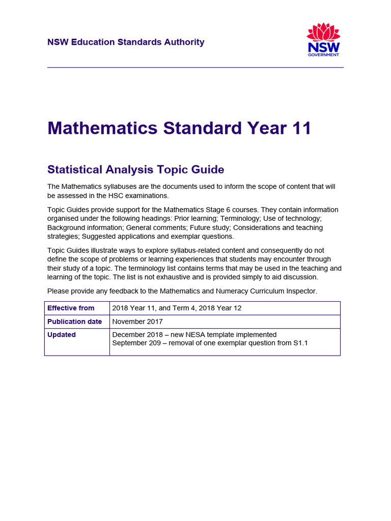 Mathematics Standard Year 11 Topic Guide Statistical Analysis | PDF | Histogram | Statistics