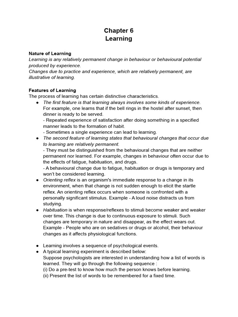 Chapter 6 - Learning Notes | PDF | Classical Conditioning | Reinforcement Chapter 6 - Learning Notes | PDF | Classical Conditioning | Reinforcement
