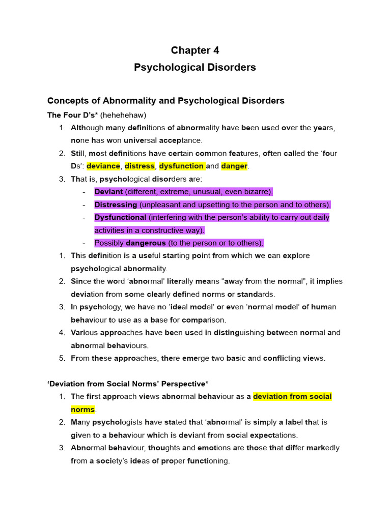 Chapter 4 - Psychological Disorders Notes | PDF | Mental Disorder | Anxiety
