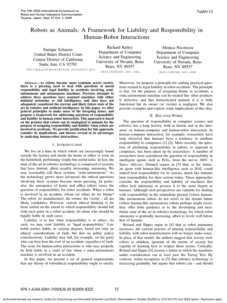 SCHAERE Et Al (2009) Robots As Animals | PDF | Causation (Law) | Legal ...