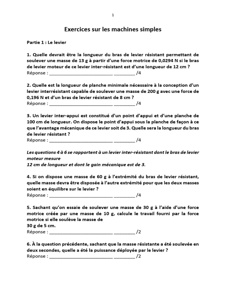 Exercices sur les leviers et machines simples | PDF | Levier (mécanique ...