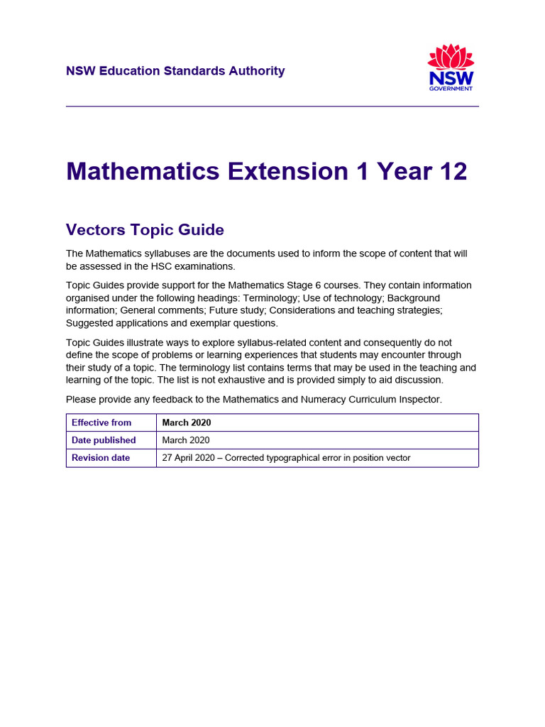 Mathematics Extension 1 Year 12 Topic Guide Vectors | PDF | Euclidean ...