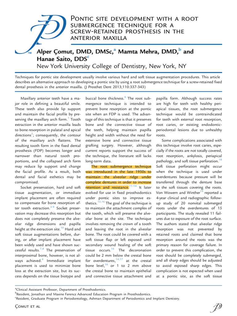 Pontic Site Development With A Root Submergence Technique For A Screw ...