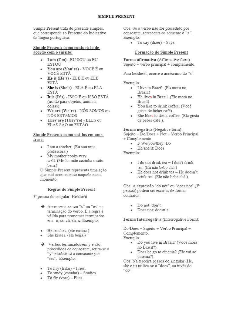 APOIO - Simple Present - 1 SÉRIE | PDF | Assunto (gramática) | Famílias linguísticas