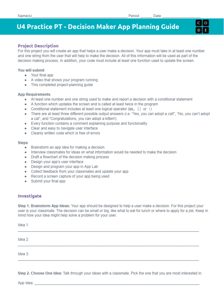 CSP U4 Practice PT Planning Guide | PDF | Mobile App | Boolean Data Type