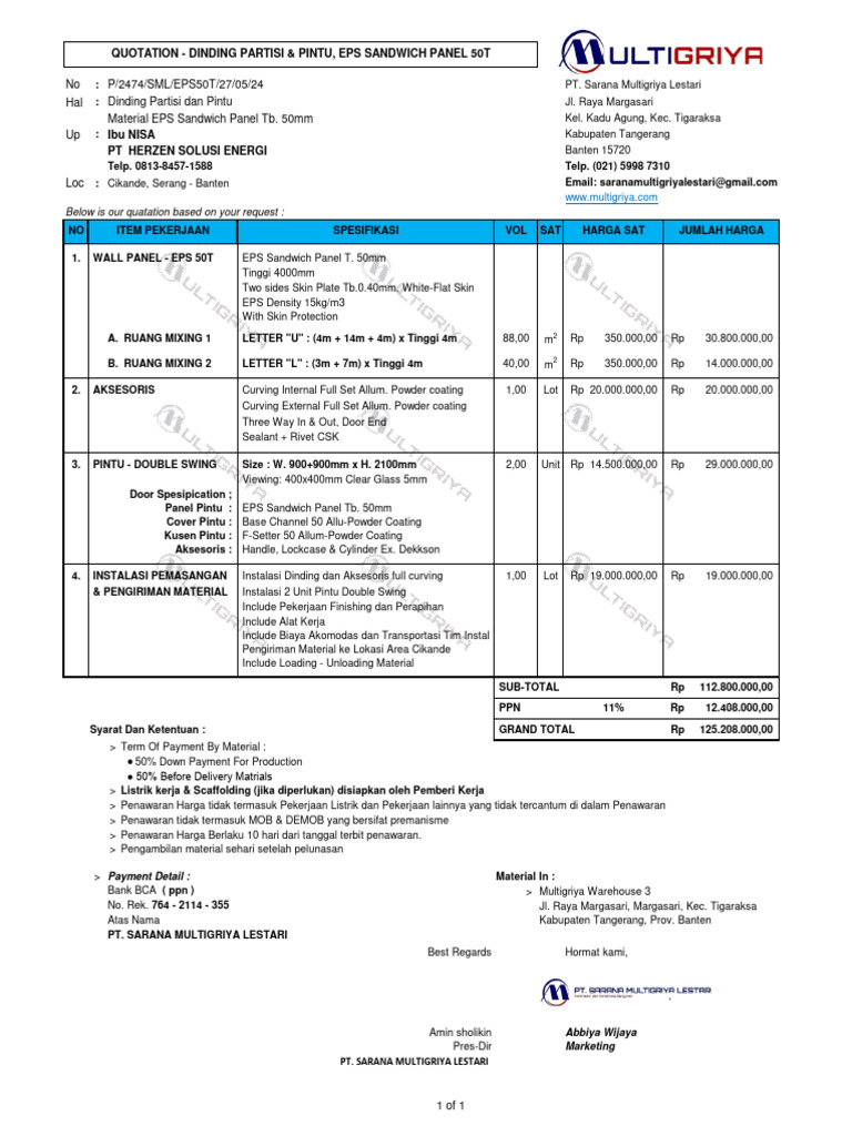 SML2474, Quotation Partisi Dan Pintu, EPS - 50T, Ibu Nisa, PT - Herzen ...