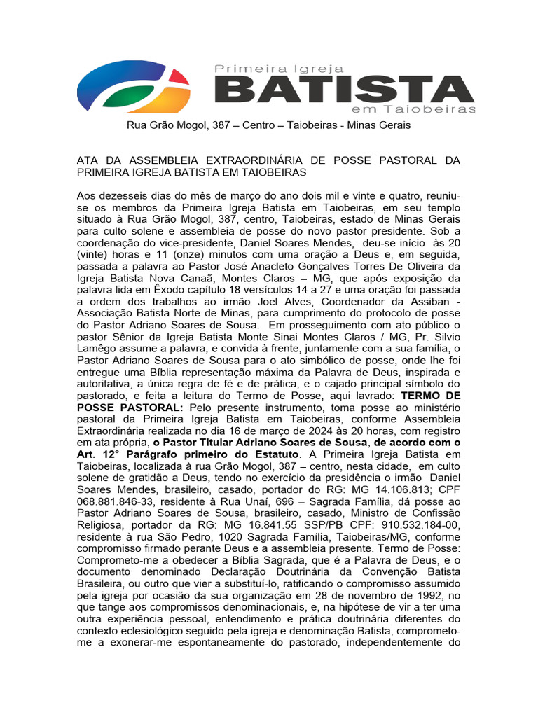 ATA DE POSSE PASTOR ADRIANO | Download grátis PDF | Batistas | Igreja ...