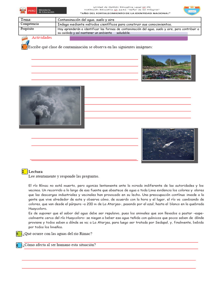 Ficha de Ciencia Contaminacion Del Agua Aire y Suelo | PDF | Agua ...