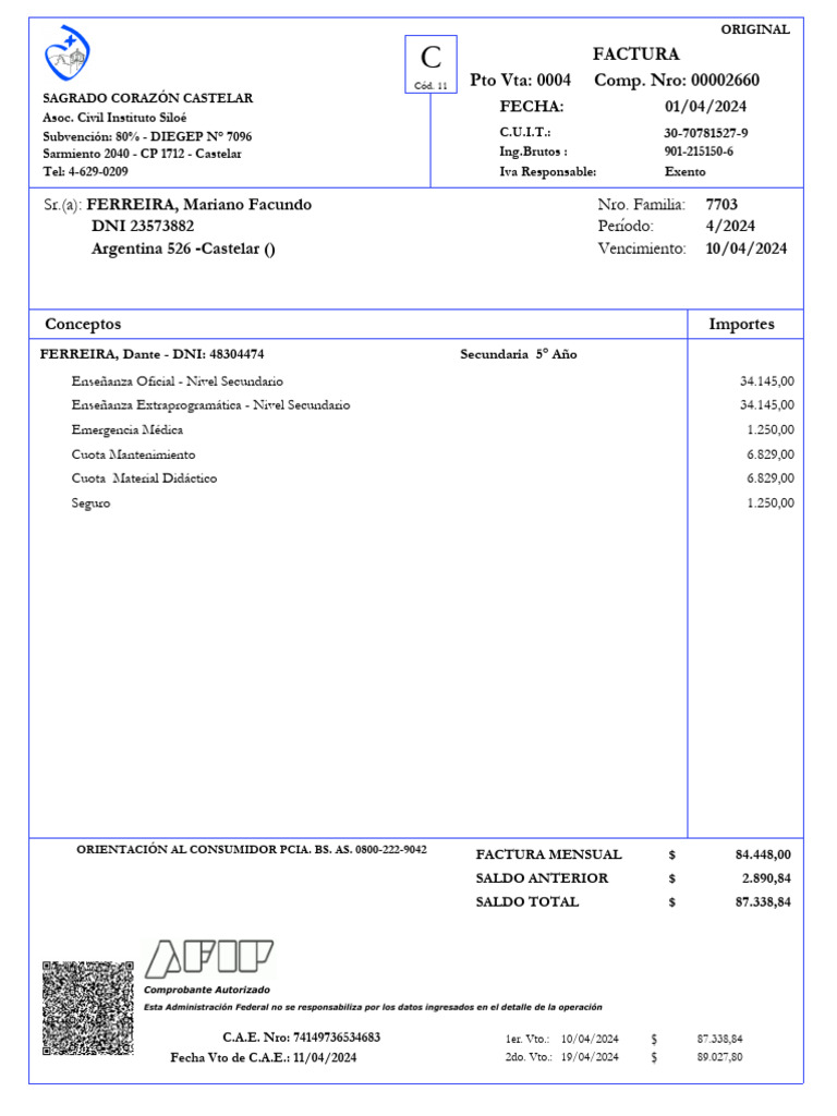 Período: Nro. Familia: Sr. (A) : FERREIRA, Mariano Facundo: 01/04/2024 Fecha | PDF