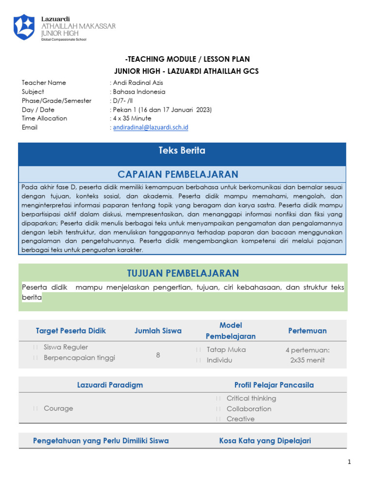 Modul Ajar Bindo Grade 7 (M1) | PDF