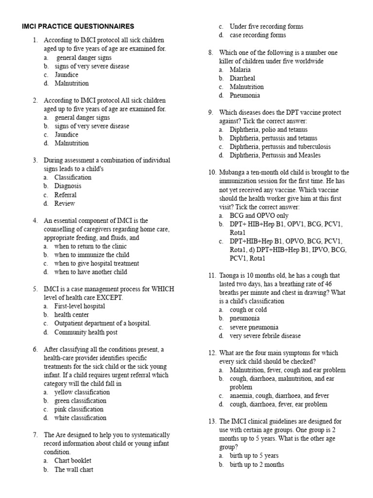 Imci Practice Questionnaires | PDF | Vaccines | Pneumonia