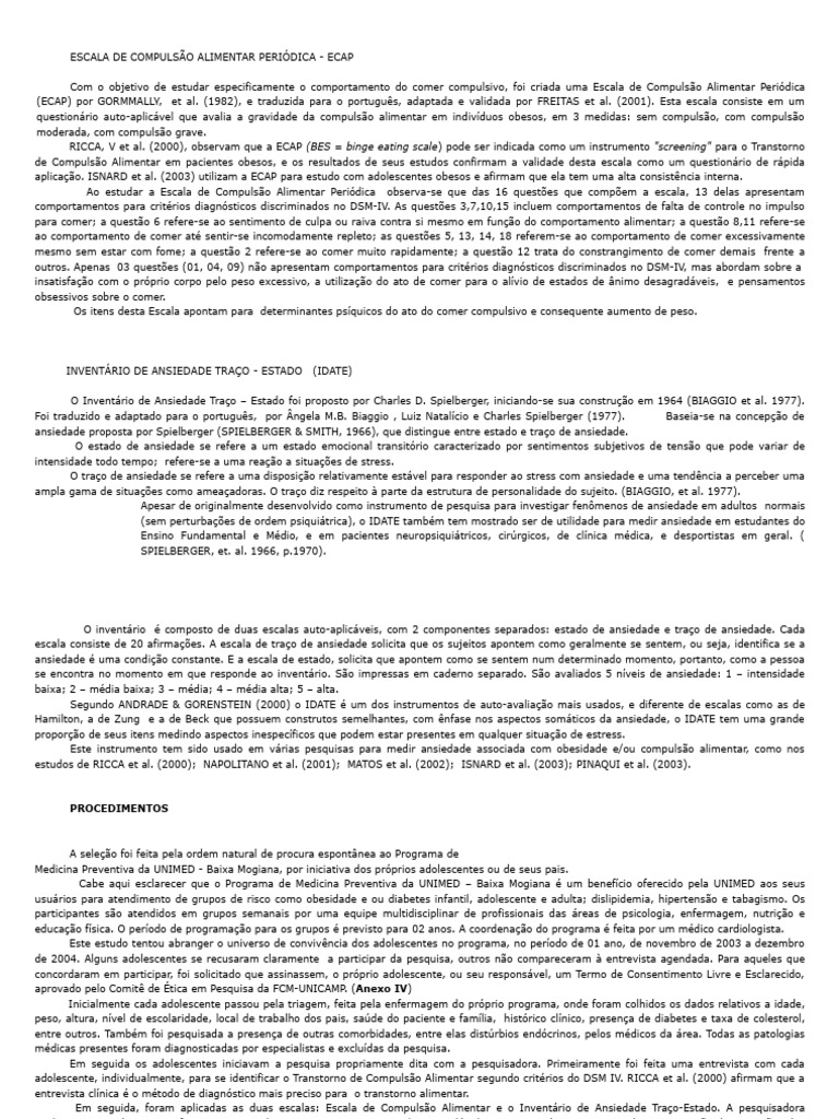 ESCALA DE COMPULSÃO ALIMENTAR PERIÓDICA - ECAP e IDATE ok | Download grátis PDF | Transtorno ...