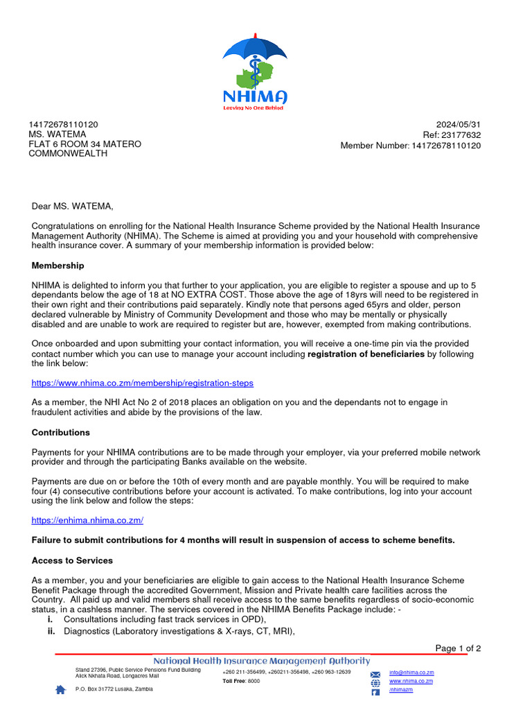 NHIMA Membership Confirmation Letter | PDF | Hospital | Social Programs