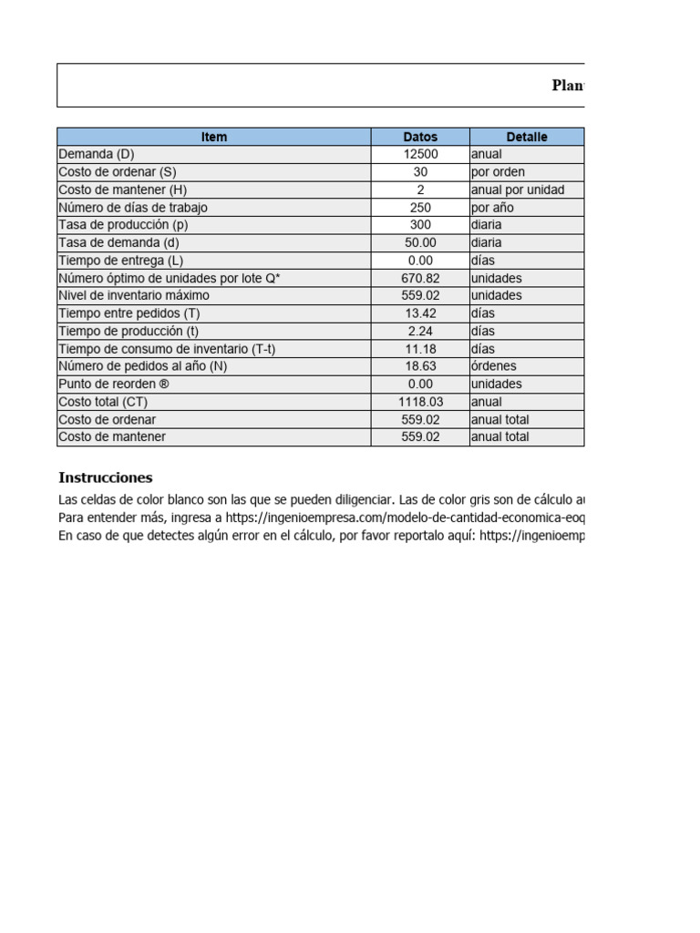 Plantilla Excel Lote Económico A Producir | PDF