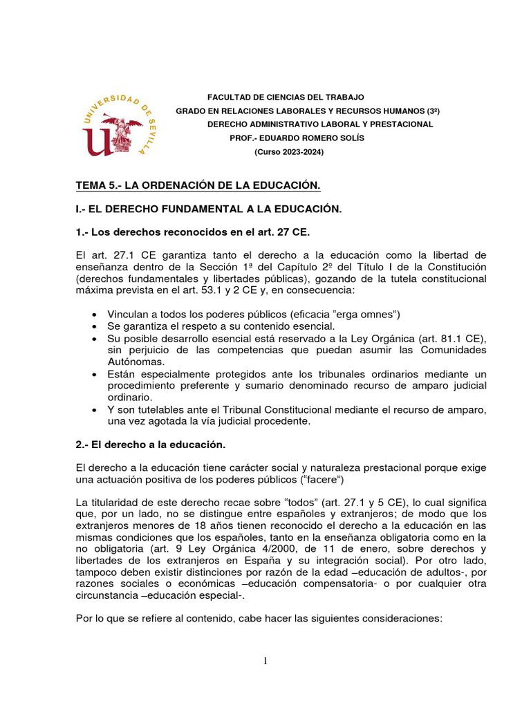 Tema 5. Ordenación de La Educación | Descargar gratis PDF | Educación primaria | Licenciatura