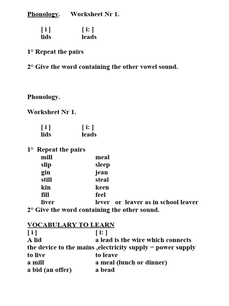Phonology Vowel Sounds Worksheet | PDF