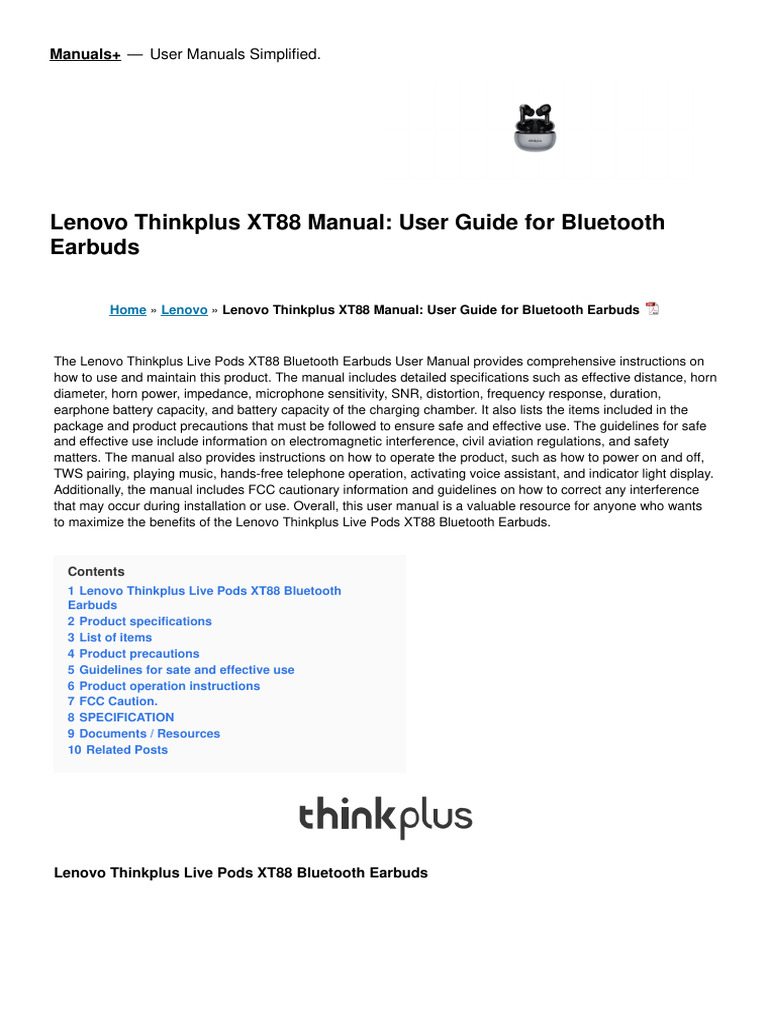 Lenovo Thinkplus XT88 Earbuds Manual | PDF | Headphones | Battery Charger