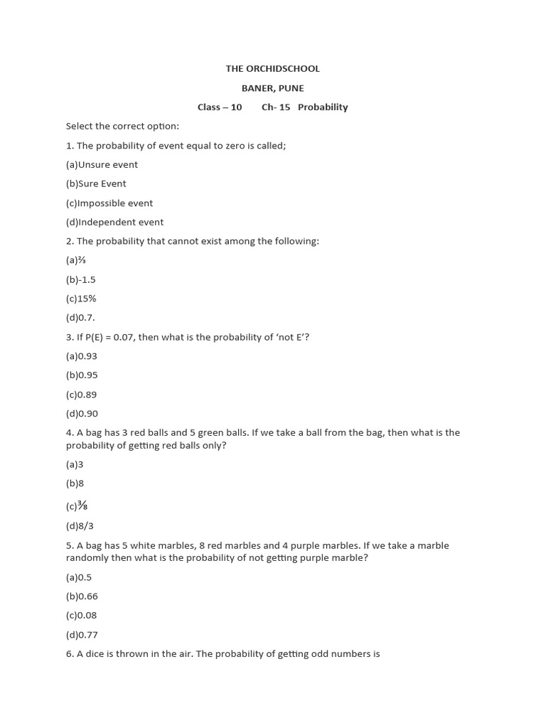 Worksheet on Probability | Download Free PDF | Probability | Odds