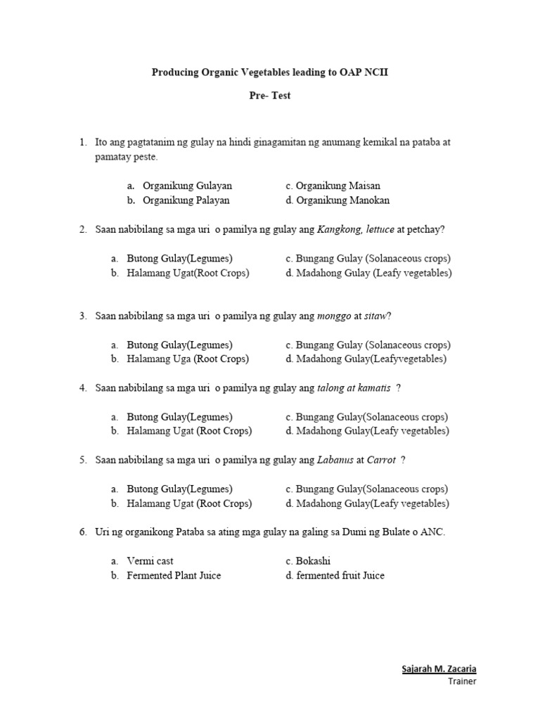 Pre-Test Organic Vegetable | PDF
