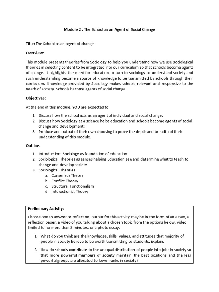 Module 2 School As An Agent of Change 1 | PDF | Sociology | Society