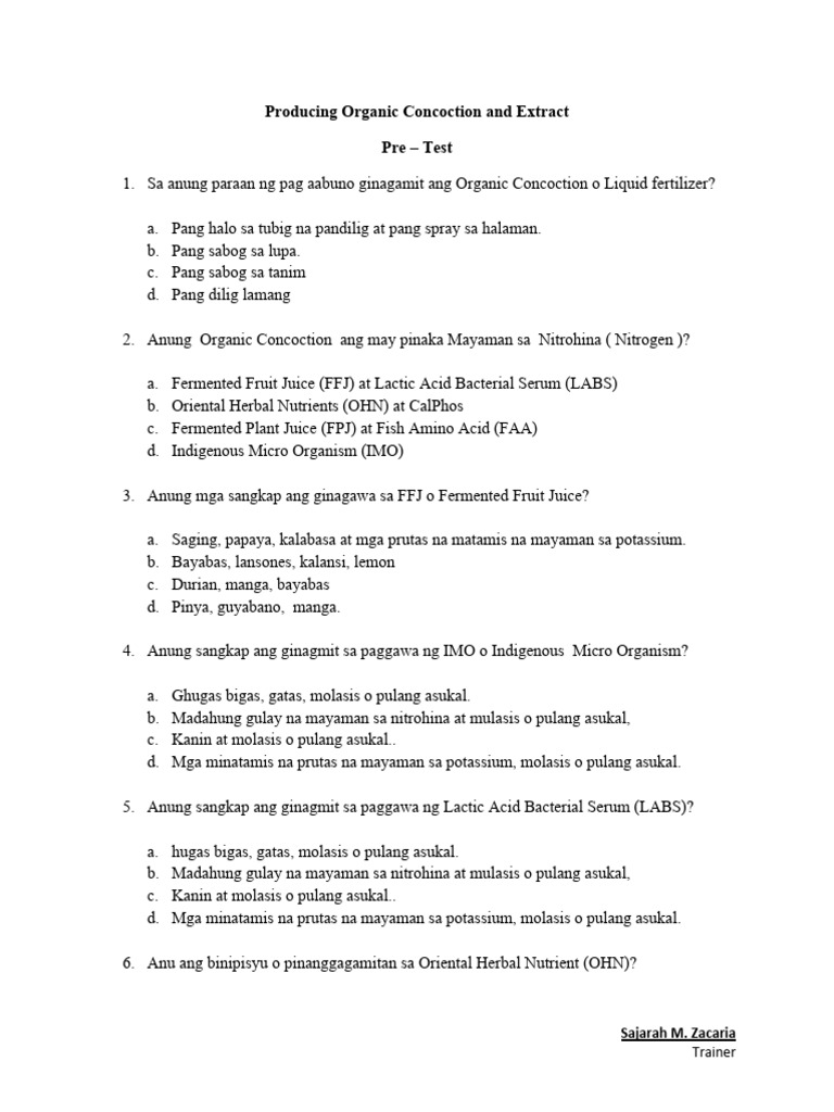 Pre - Test Producing Organic Concoction and Extract | PDF