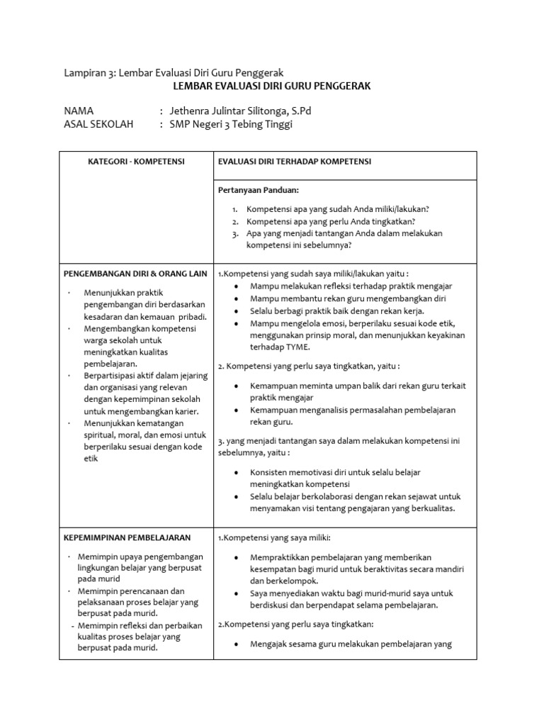 Lampiran 3 - Lembar Evaluasi Diri Guru Penggerak | PDF