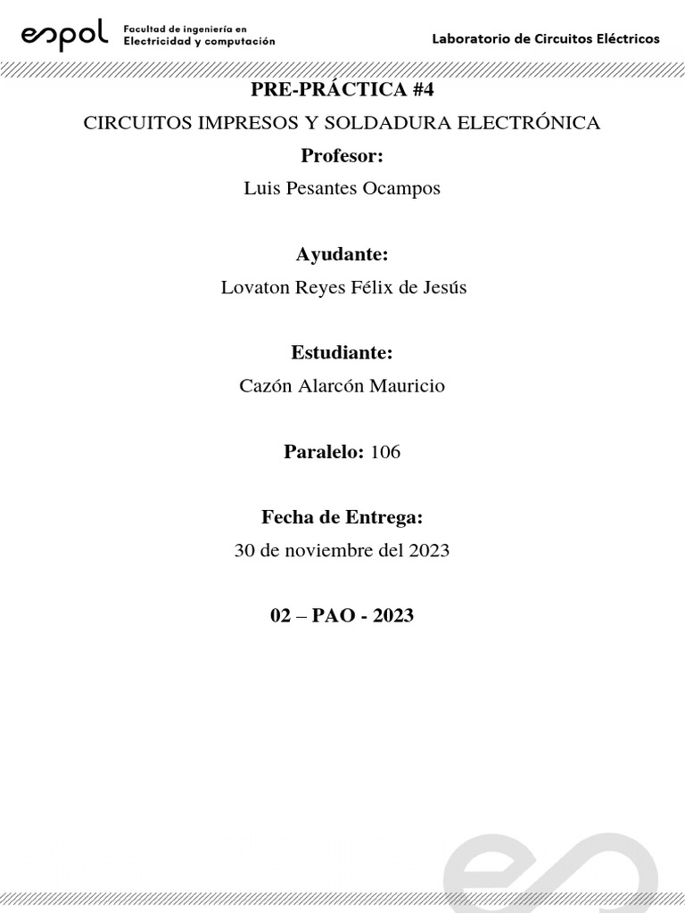 Mauricio Cazón Alarcón Pre-practica 4 Circuitos Electricos v1 | PDF | Placa de circuito impreso ...
