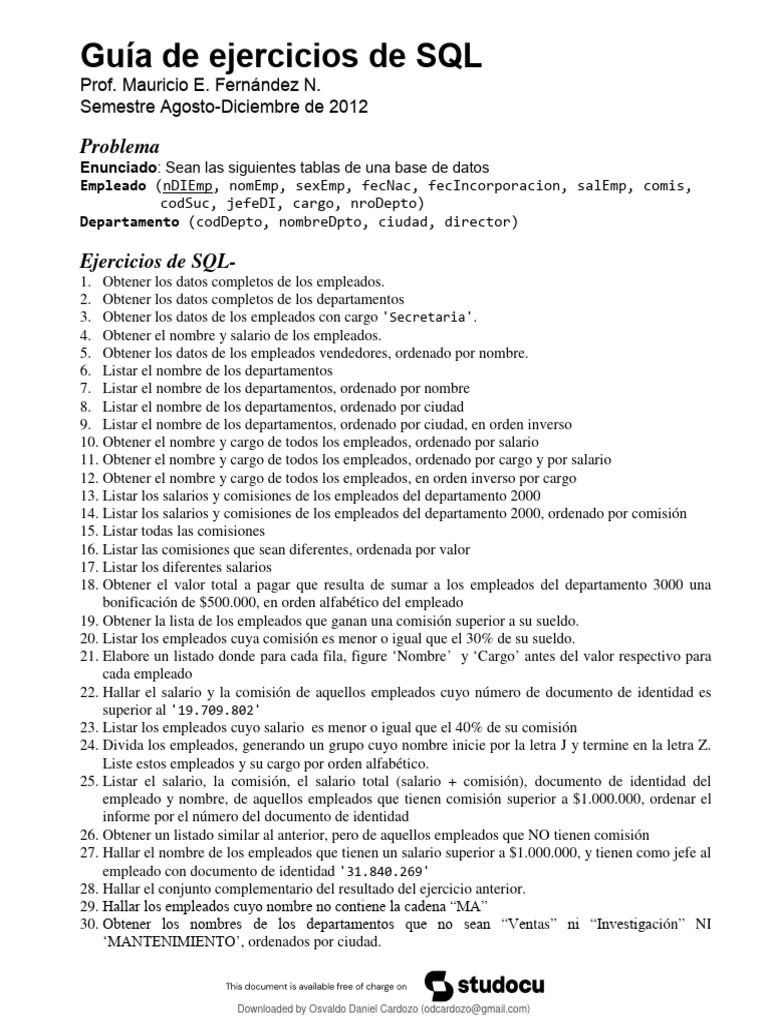 Guia Ejercicios SQL 1 | PDF | Datos | Diseño de software
