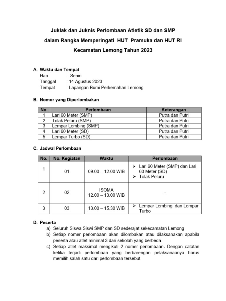 Juklak Dan Juknis Perlombaan Atletik SD Dan SMP | PDF Juklak Dan Juknis Perlombaan Atletik SD Dan SMP | PDF
