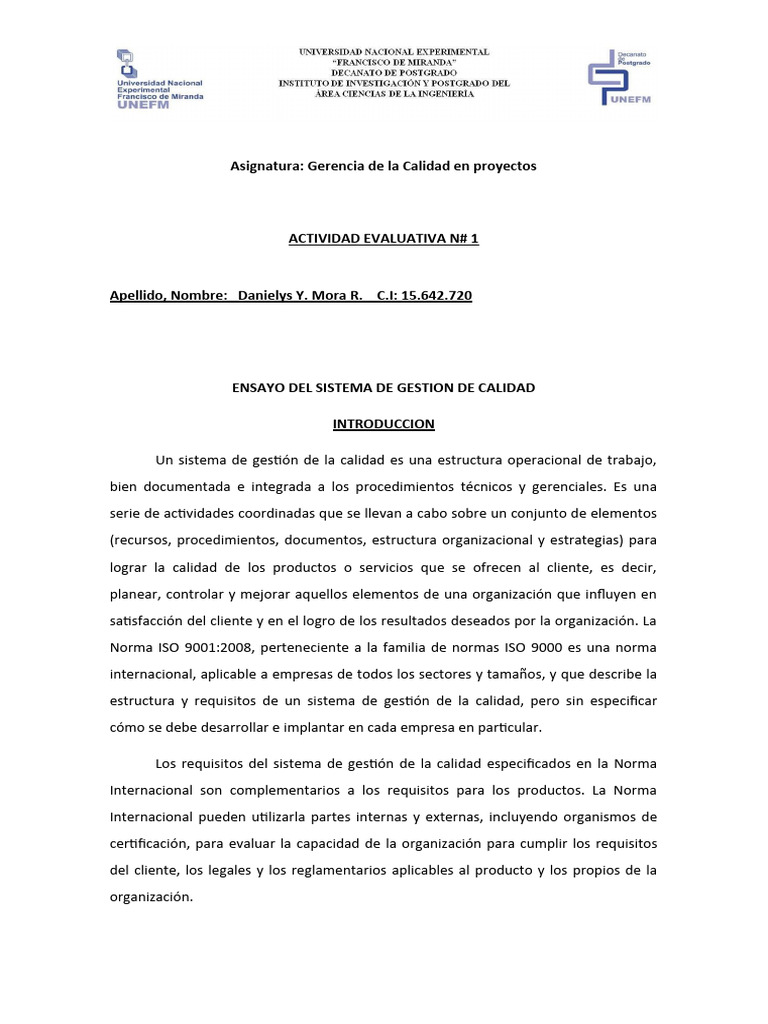 ENSAYO DEL SISTEMA DE GESTION DE CALIDAD | Descargar gratis PDF | Calidad (comercial) | Sistema ...
