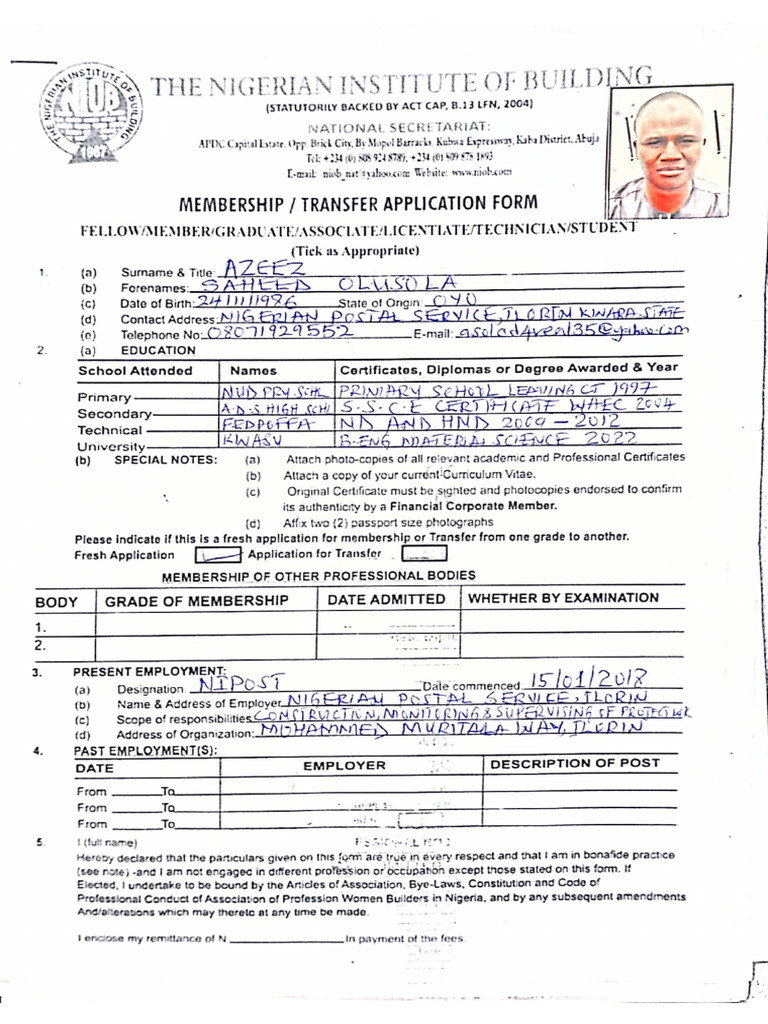 Membership Application Re Azeez Saheed | PDF