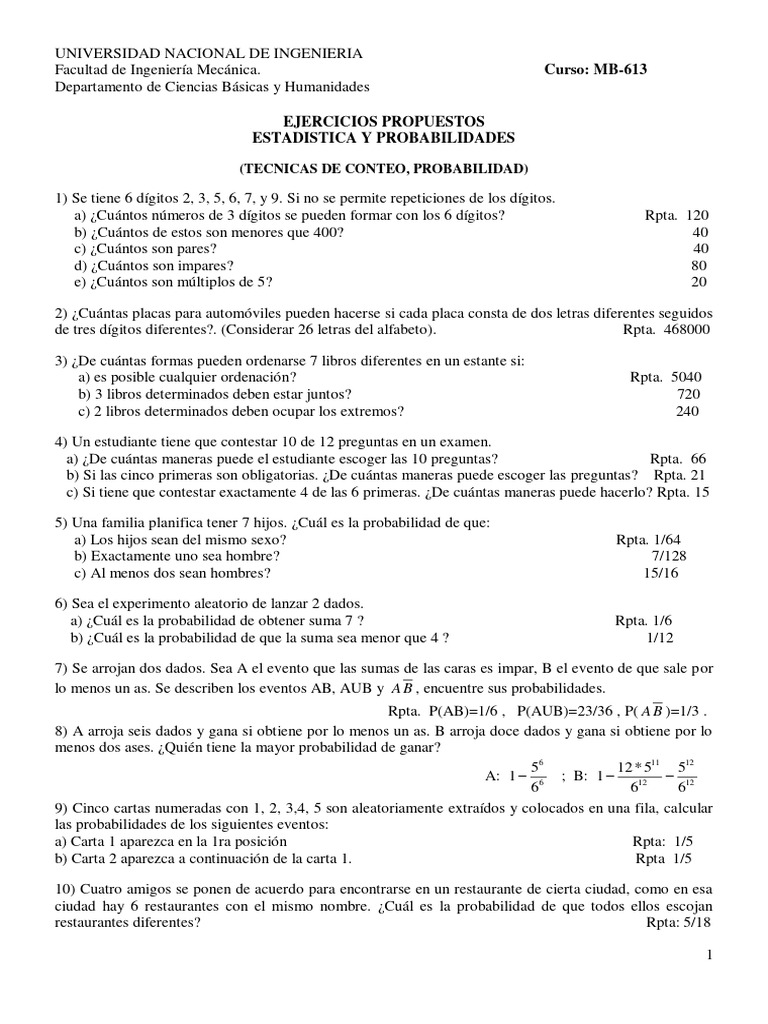 SEM3 - EJERCICIOS Tecnicas de Conteo, Probabilidad - 2024-1 | PDF | Probabilidad | Science