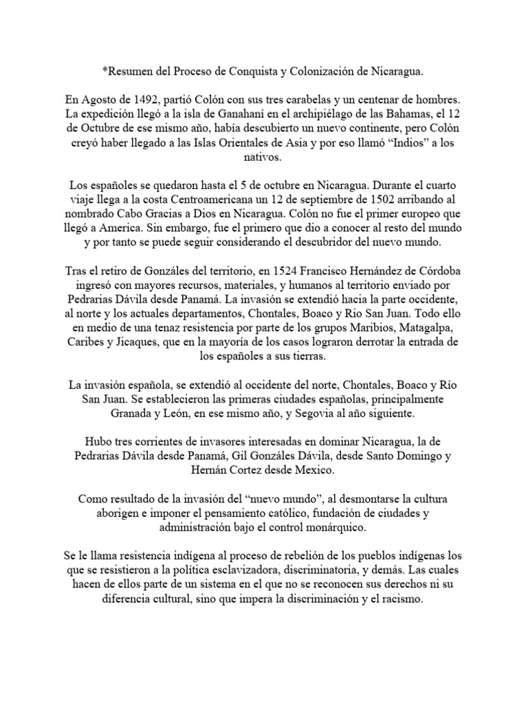 Resumen del Proceso de Conquista y Colonización de Nicaragua | PDF ...