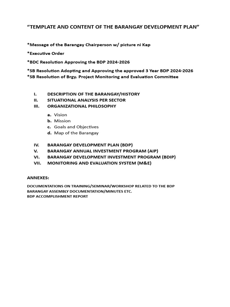 Template and Content of The Barangay Development Plan | PDF | Art ...