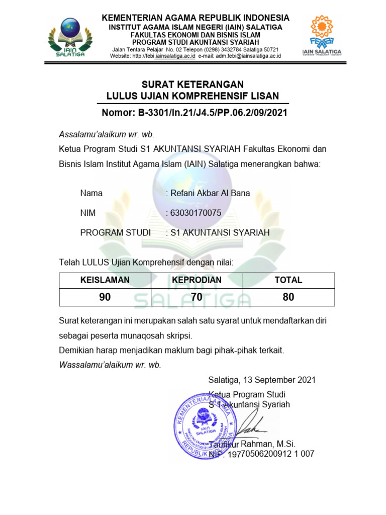 Surat Keterangan Lulus Ujian Komprehensif | PDF