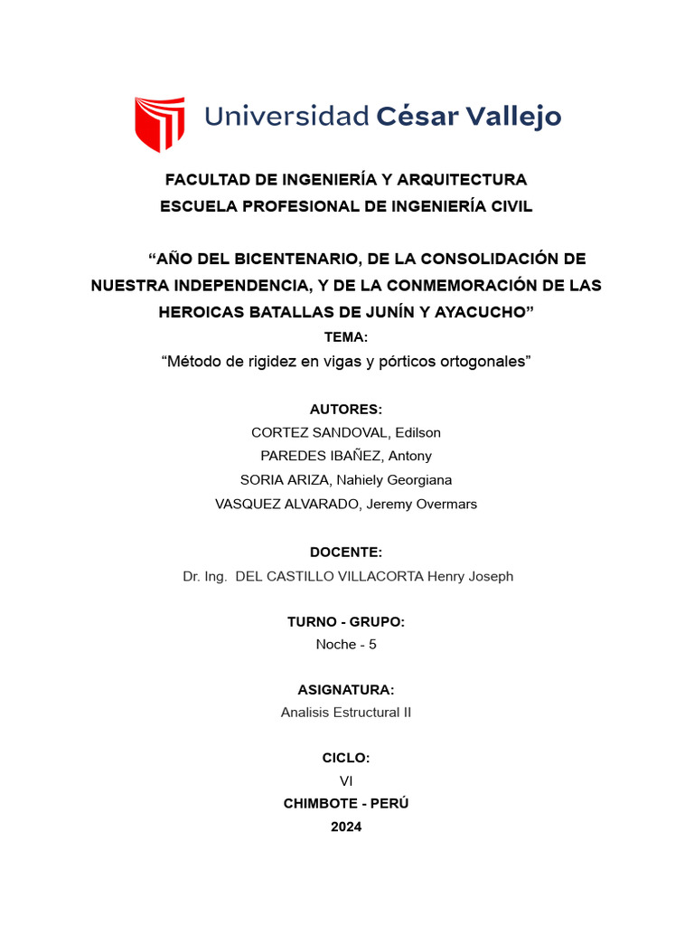 Método de Rigidez en Vigas y Pórticos Ortogonales - Informe | PDF | Viga (Estructura) | Rigidez